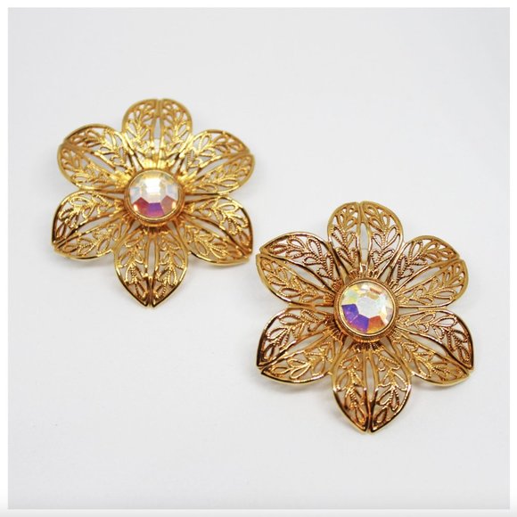 Jewelry | Vintage Gold Filigree Flower Sparkly Iridescent Ab Crystal ...
